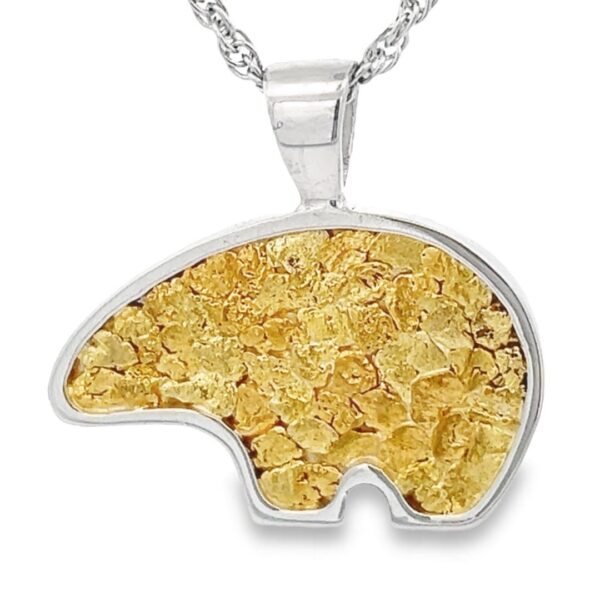 Gold Nugget Bear on Silver Pendant - Alaska Mint